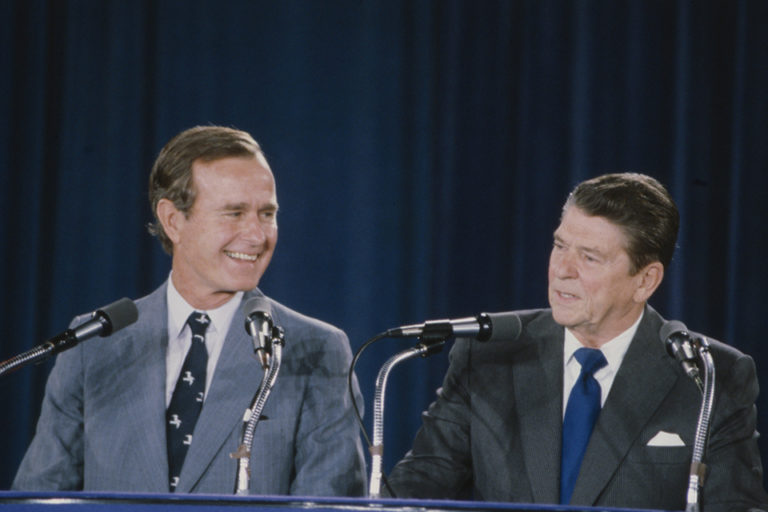 George H.W. Bush and Ronald Reagan announcing Bush as vice president at ...
