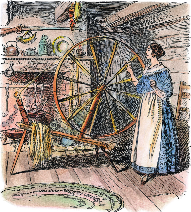 COLONIAL SPINNER, 18th C. Spinning at the hearth of a colonial American ...
